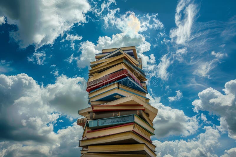 Tower of Books Reaching for the Cloudy Sky Symbolizing Knowledge Stock ...