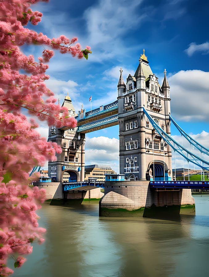 Tower Bridge, a Bridge with a Pink Tree in the Background Stock ...