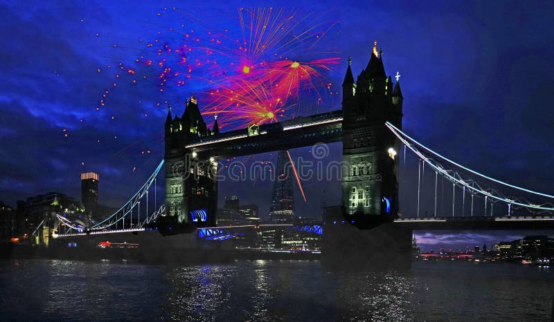 Tower Bridge with Exploding Fireworks Celebrating the New Year/ Stock Image - Image of coloured ...