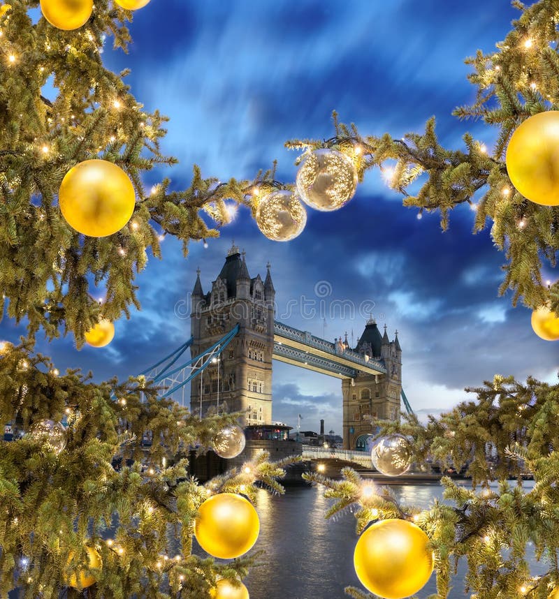 Tower Bridge with Christmas Tree in London, England, UK Stock Photo ...