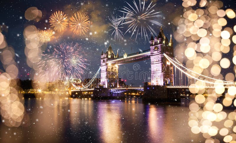 Tower Bridge with Fireworks Celebration of the New Year in London UK ...