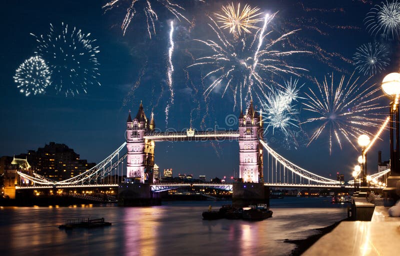 Tower Bridge with Fireworks, Celebration of the New Year in London, UK ...