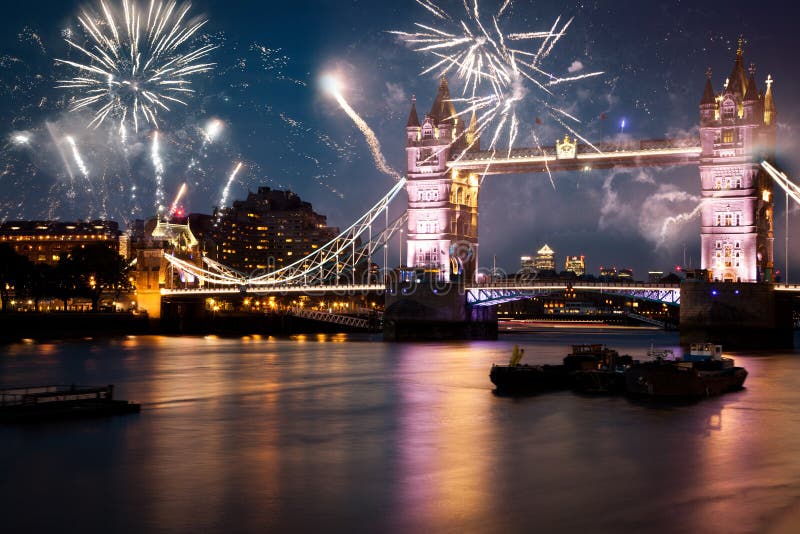 Tower Bridge with Fireworks, Celebration of the New Year in London, UK ...