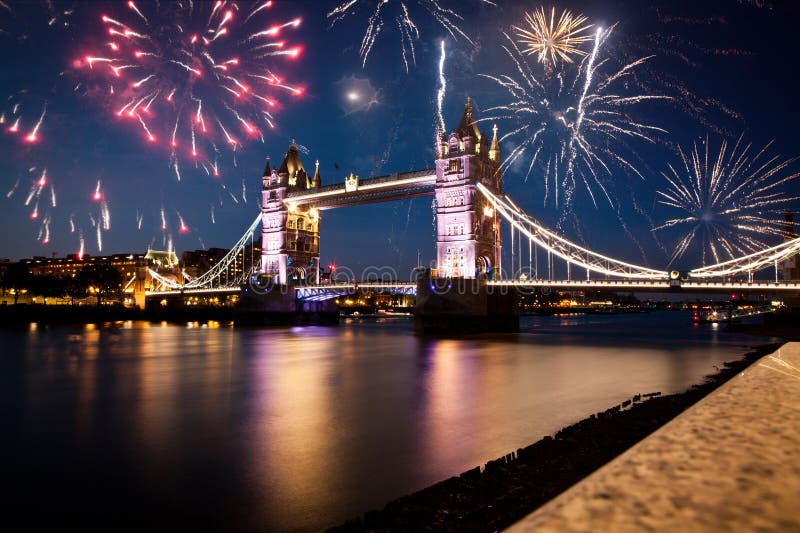 Tower Bridge with Fireworks, Celebration of the New Year in London, UK ...