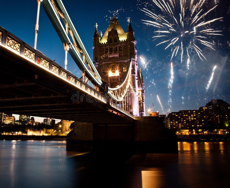 Tower Bridge with Fireworks, Celebration of the New Year in London, UK ...