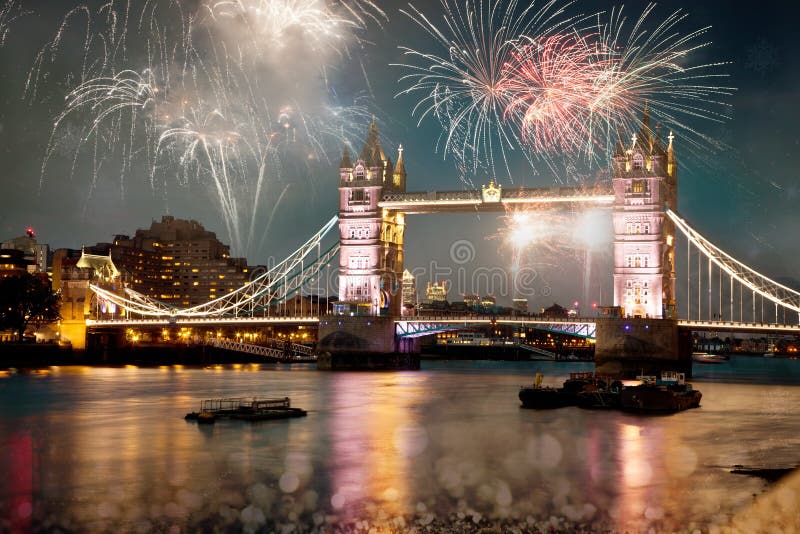 Tower Bridge with Fireworks, Celebration of the New Year in London, UK ...