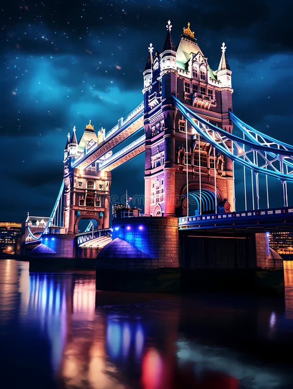 Tower Bridge, a Bridge with Lights at Night Stock Illustration ...