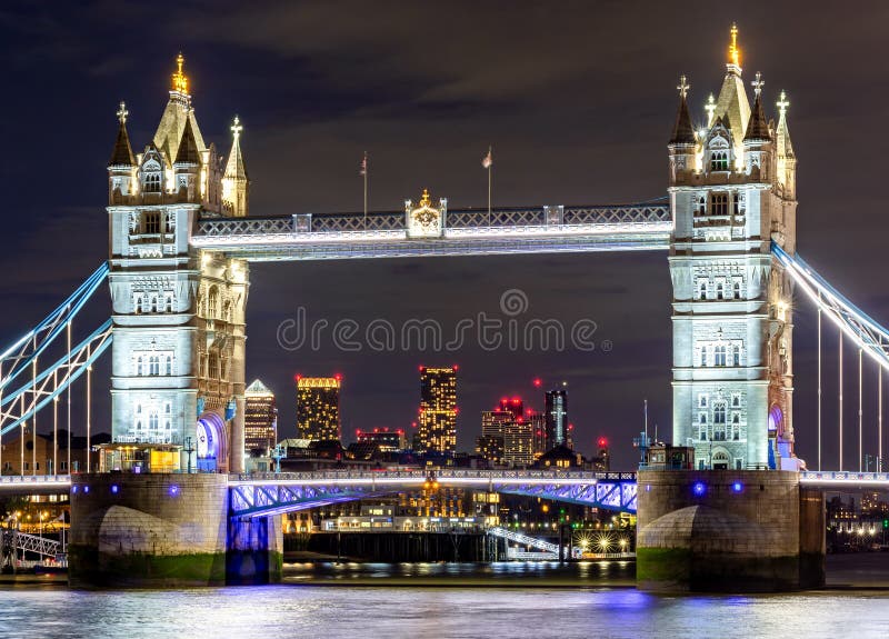 Tower Bridge at Night Illumination, London, UK Stock Image - Image of ...