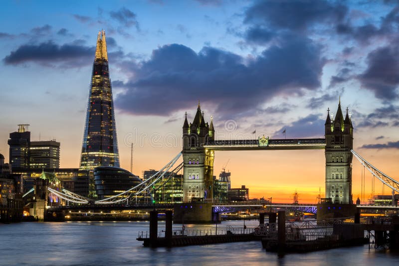 Tower Bridge with Reflections at Sunset in London, UK. Stock Image ...