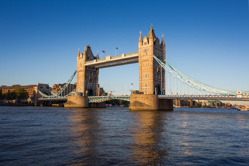 Tower Bridge at Sunset with Clear Blue Sky, London, UK Stock Image ...