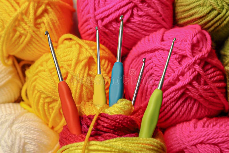 Colourful Yarn and Wool with Needles for Crochet Stock Image - Image of ...