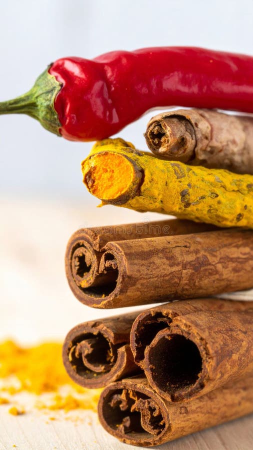 Tower of Cinnamon Sticks Turmeric Ginger and Red Chili Pepper on Bright ...