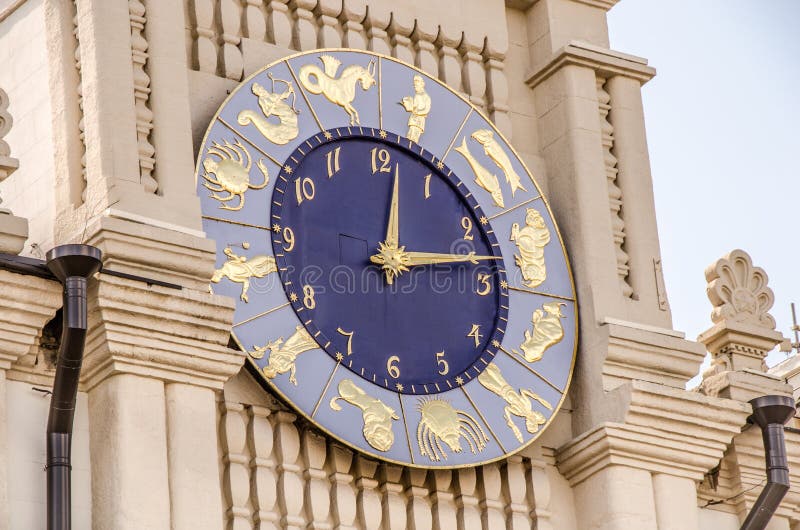 The Tower Clock Close Up with the Signs of the Zodiac Stock Photo ...
