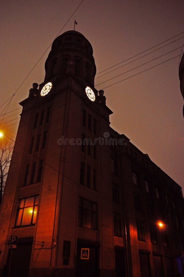 Tower with clock at night stock image. Image of evening - 273575893