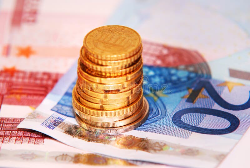 Tower of Coins on Top of Banknotes Stock Photo - Image of cash ...