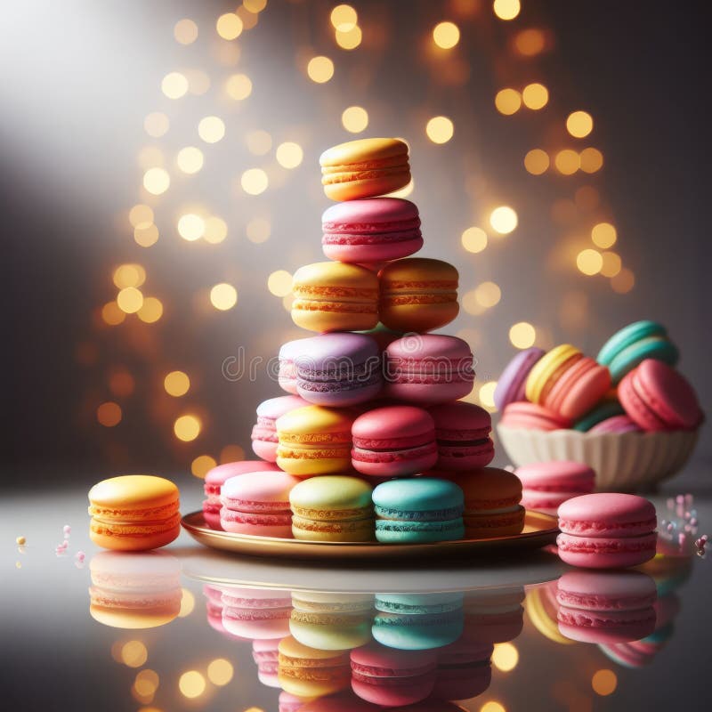 Tower of Colored Macaroons on a Reflective Surface Stock Illustration ...
