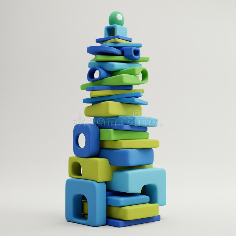 A Tower Composed of Stacked Geometric Shapes, Primarily Featuring Blue and Green Stock ...