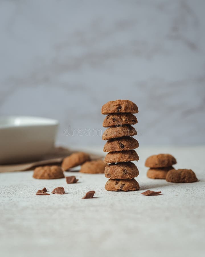 Tower of Cookies with Chocolate Chips on a Handmade Rustic Surface with ...
