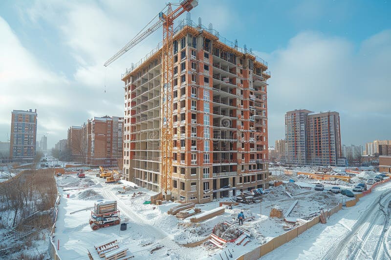 Tower Crane in Action Building Multi Storey Residential Complex Against ...