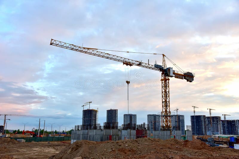 Tower Crane in Action on Sunset Sky Background Stock Image - Image of ...