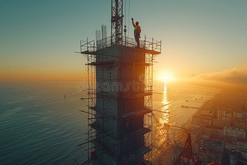 Tower Crane Constructing House on Sunny Day at Large Construction Site ...