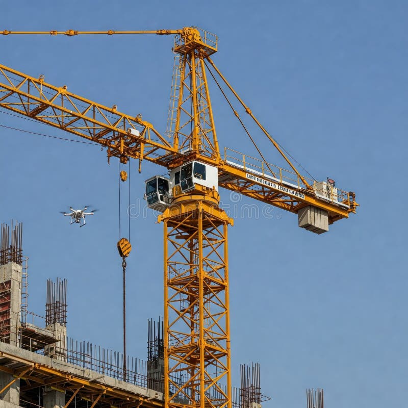 Tower Crane and Drone on Construction Site with Blue Sky in the ...