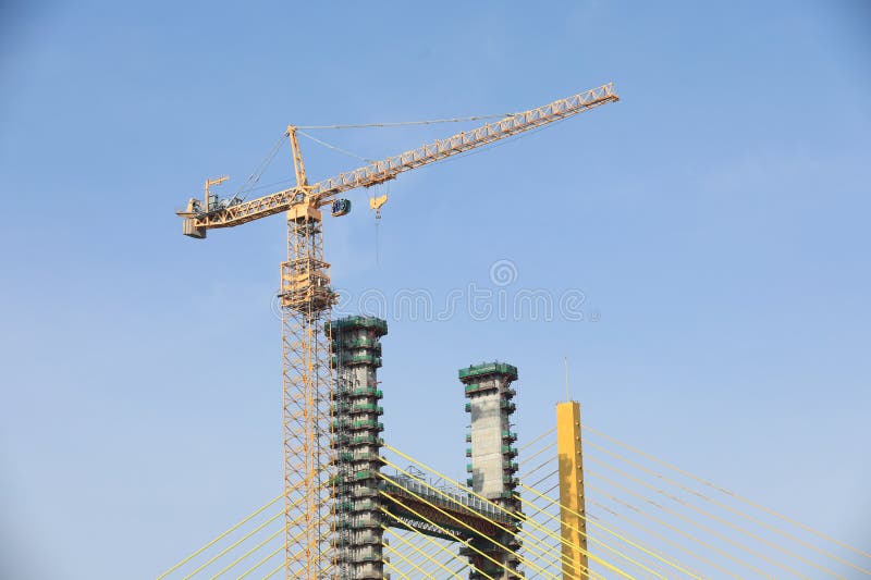 Tower Crane at Suspension Bridge Construction Site Stock Image - Image ...