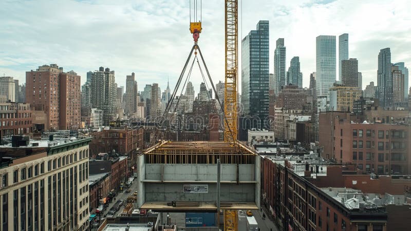 Tower Crane Lifting Building Materials Above Busy City Construction ...