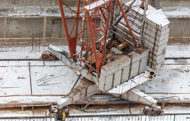 Tower Crane on Rails at a Construction Site in Winter Stock Image ...