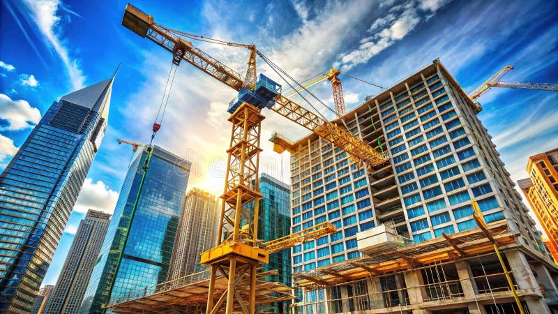 Tower Crane Soaring High Above Modern Skyscraper Construction Site a Powerful Display of ...