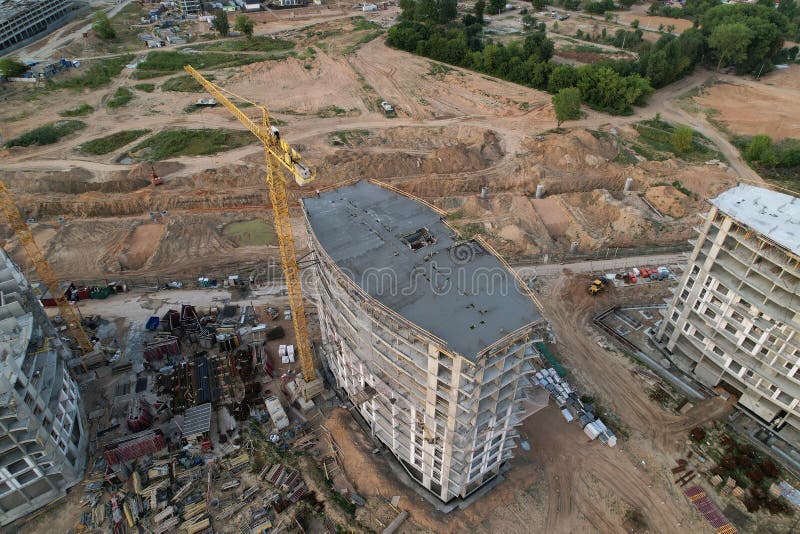 Tower Crane Working at Large Construction Site. Top View of the the ...
