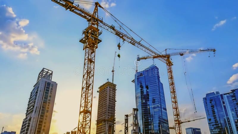 Tower Cranes Against a Vibrant Sunset Sky, Constructing Modern ...