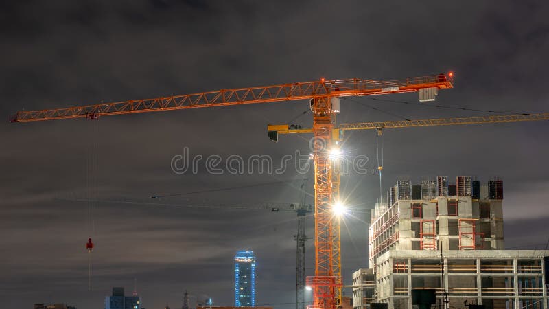 Tower Cranes at a Construction Site in the Night City Stock Image ...