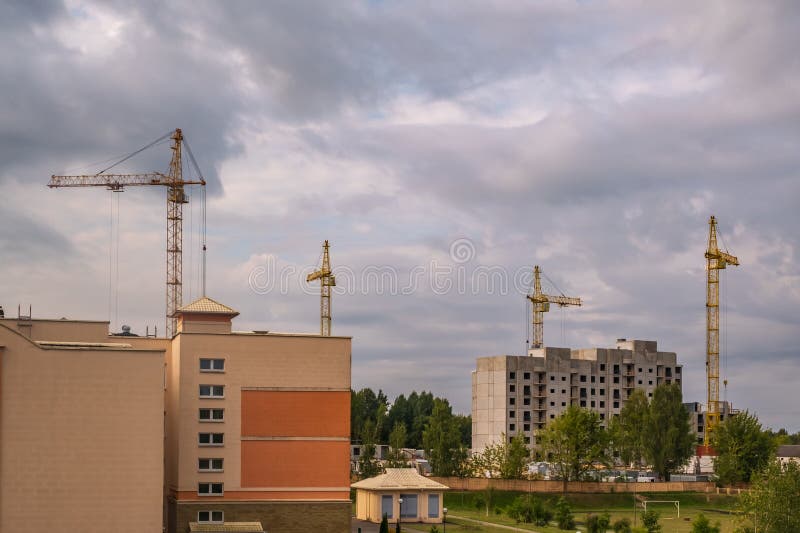 Tower Cranes on Construction Site, Providing Housing for Low-income ...