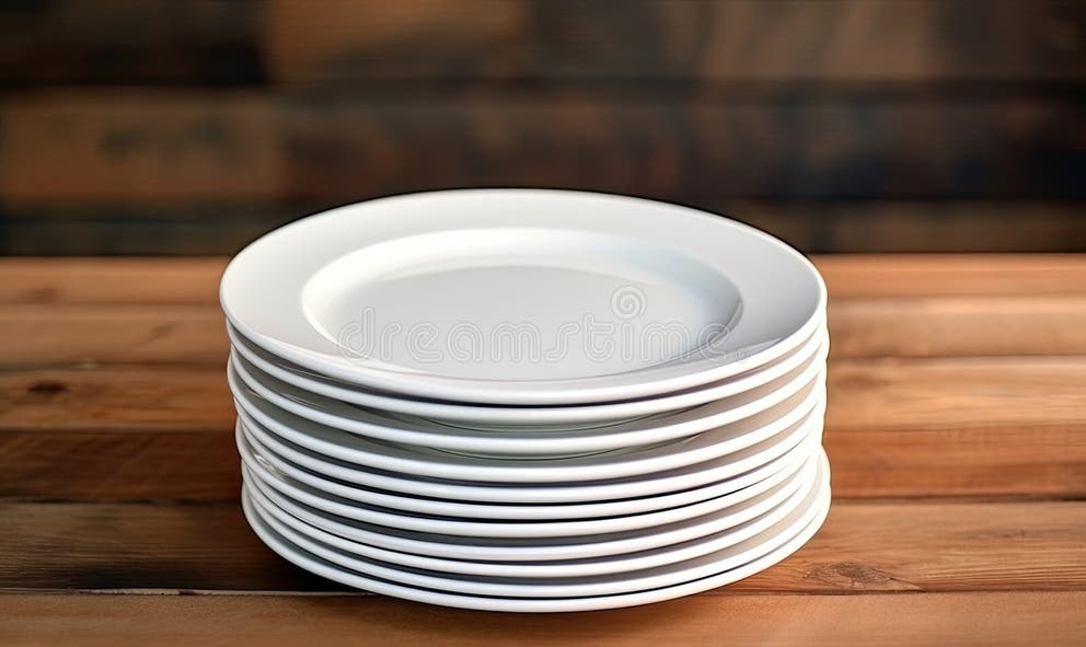 A Tower of Crisp White Plates on a Rustic Wooden Table Stock ...