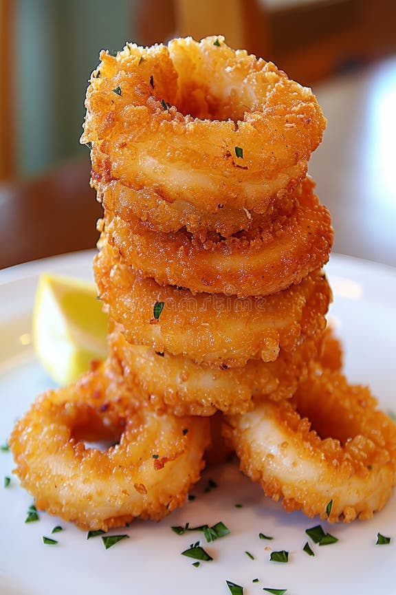 Tower of Delicious Close-Up on Stack of Crispy Fried Calamari Rings ...