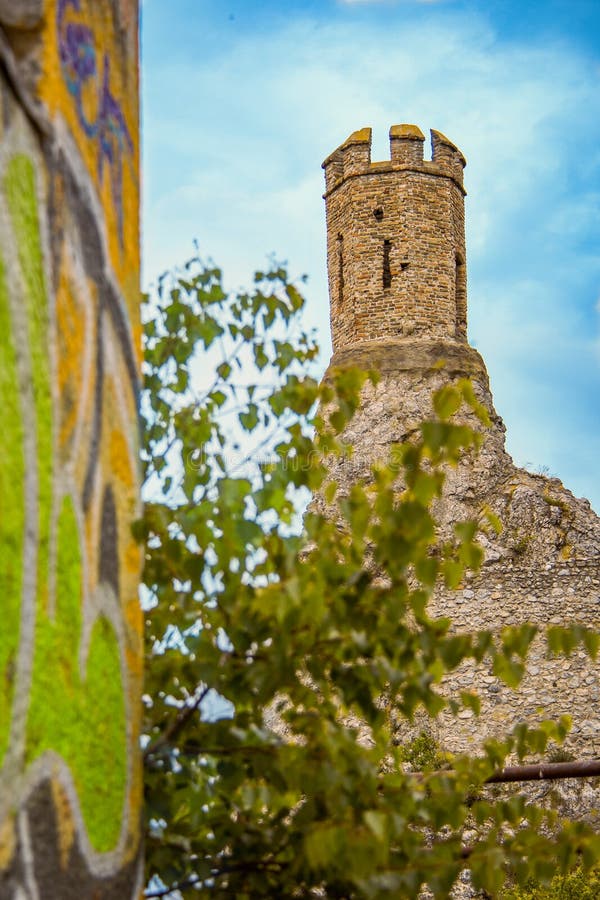 Tower of Devin Castle with Graffiti Wall Stock Image - Image of leaves ...