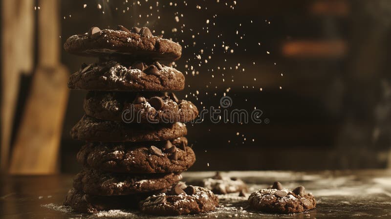Tower of Double Chocolate Cookies with Melting Chips Stock Image ...