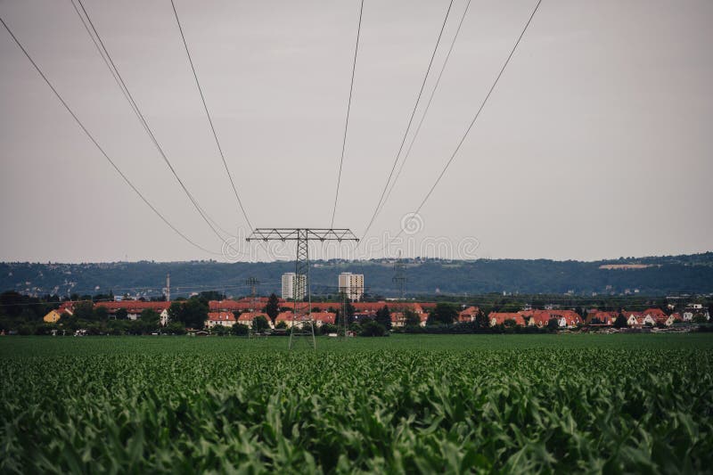 Tower with Electric Current Lines in the Middle of a Field Stock Photo ...