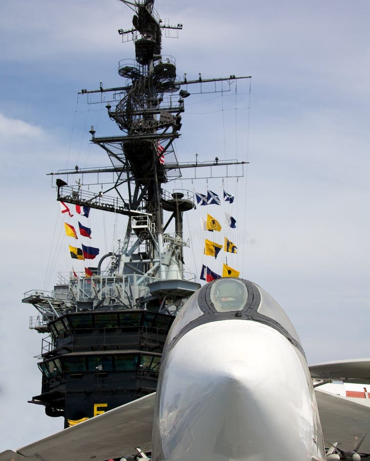 Tower and Flags and Fighter Jet on the USS Midway Editorial Photo ...