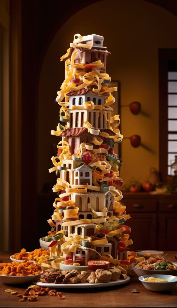 A Tower of Food Stacked on Top of a Table, AI Stock Illustration ...