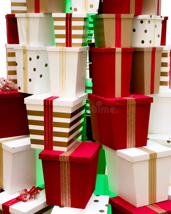 Tower in the Form of a Christmas Tree Made with Multicolored Gift Boxes ...