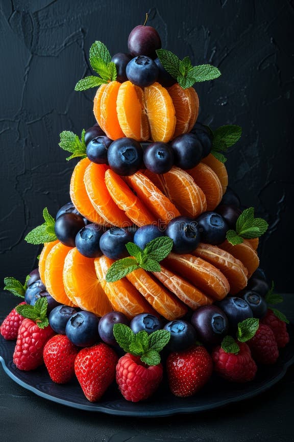 A Tower of Fruit Arranged in a Pyramid on Top of Black Plate, AI Stock ...