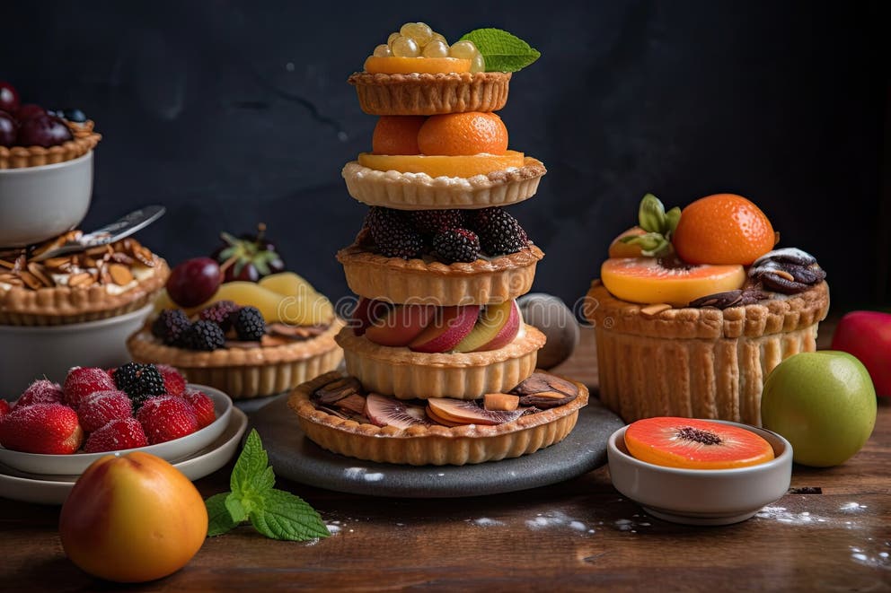 Tower of Fruit Pies, with Each Pie Topped with a Different Fruit Stock ...