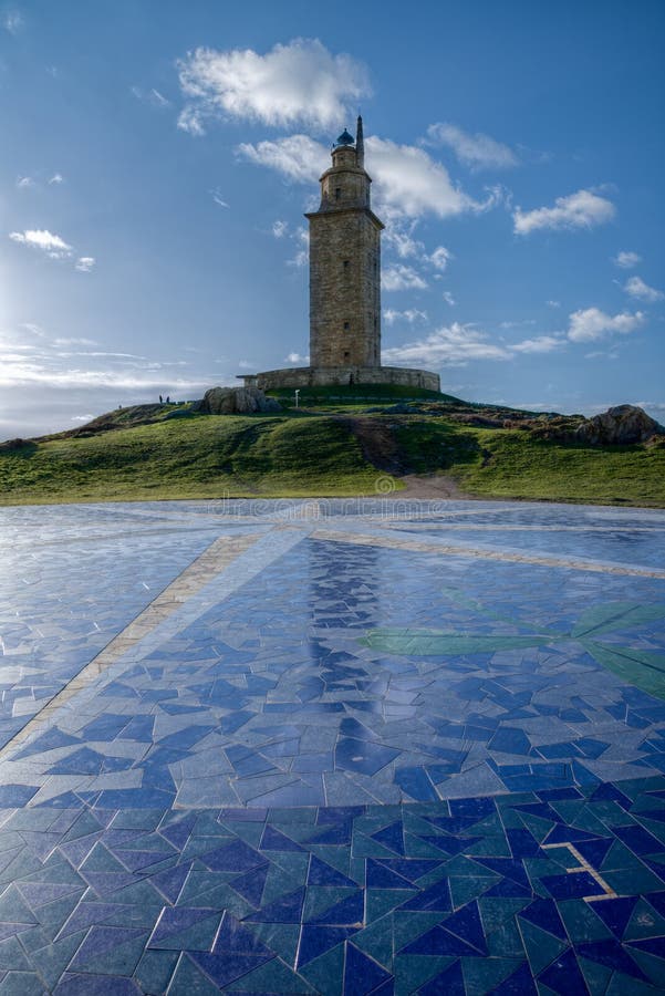 The Tower of Hercules is Reflected in the Blue Compass Rose Stock Image ...