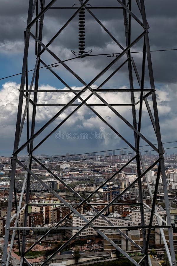 Tower of High-voltage Cables with a View of Barcelona in the Background ...