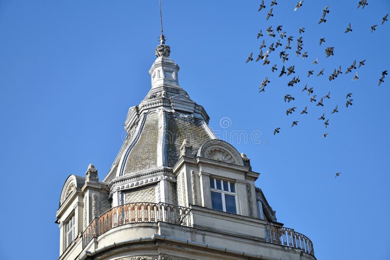 Tower of the Hotel Building with Doves Stock Photo - Image of flying ...