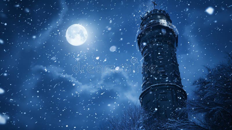 Tower Illuminated by Moonlight in Snowy Night Stock Image - Image of ...