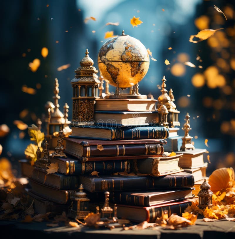 A Tower of Knowledge: Books Stacked High with a Globe on Top Stock ...