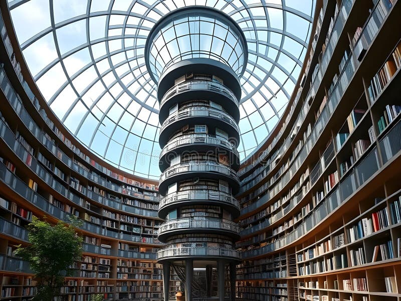 A Tower Library with Spiral Bookshelves. Stock Illustration ...